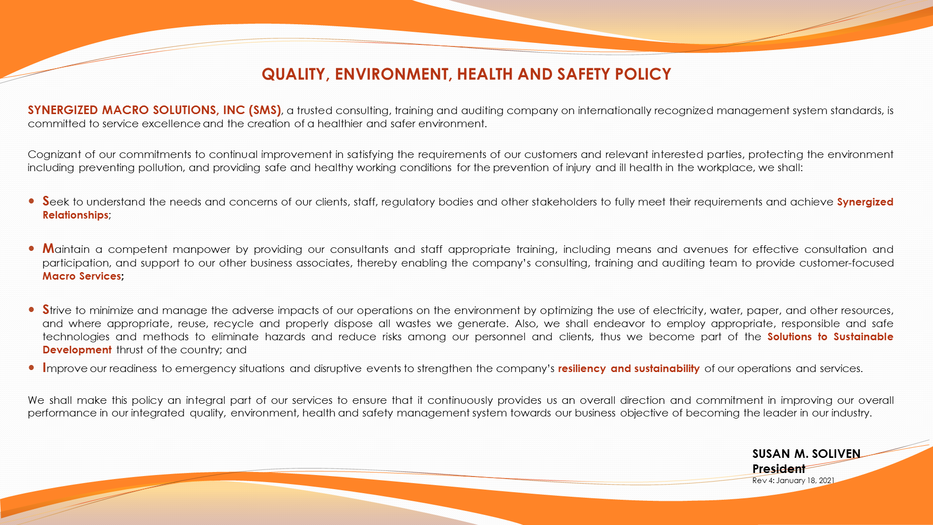 Quality, Environment, Health and Safety Policy – Synergized Macro olution, In